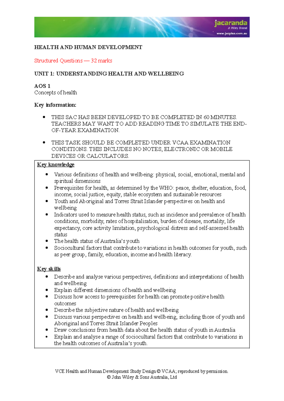 VCE Health and Human Development Practice SAC A - Structured Questions ...