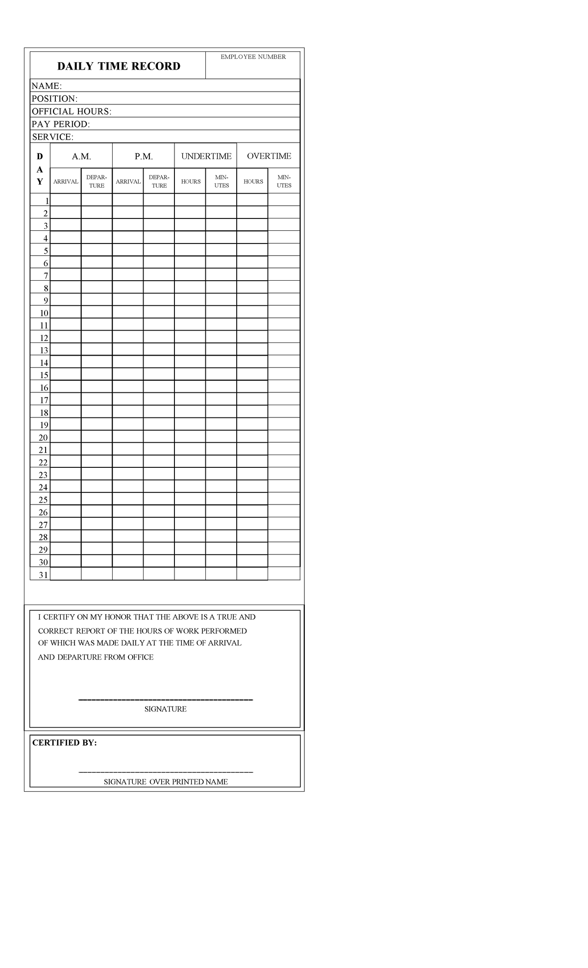 Hrms - DAILY TIME RECORD EMPLOYEE NUMBER NAME: POSITION: OFFICIAL HOURS ...