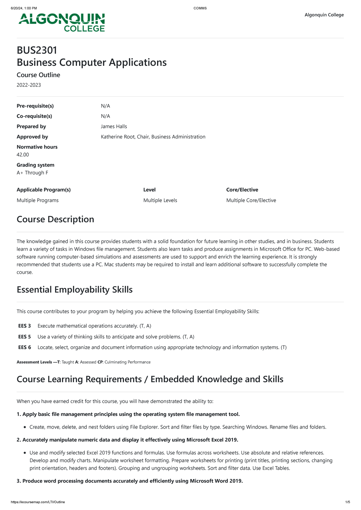 BUS2301 Course Outline: Business Computer Applications at Algonquin ...