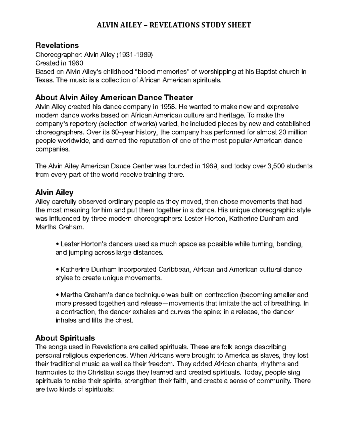 ALVIN AILEY REVELATIONS STUDY SHEET: Choreography & Spirituals - Studocu