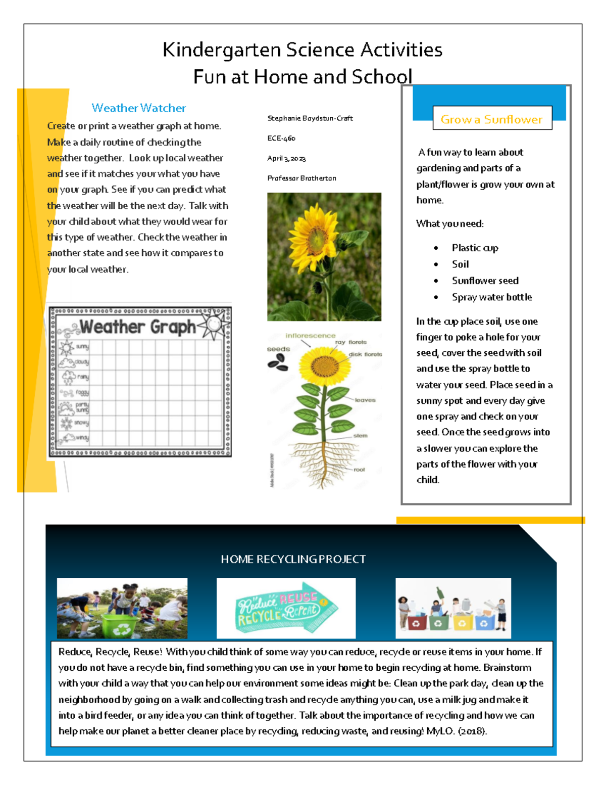 ECE-460 Kindergarten Science Activities Handout: Fun at Home Learning ...