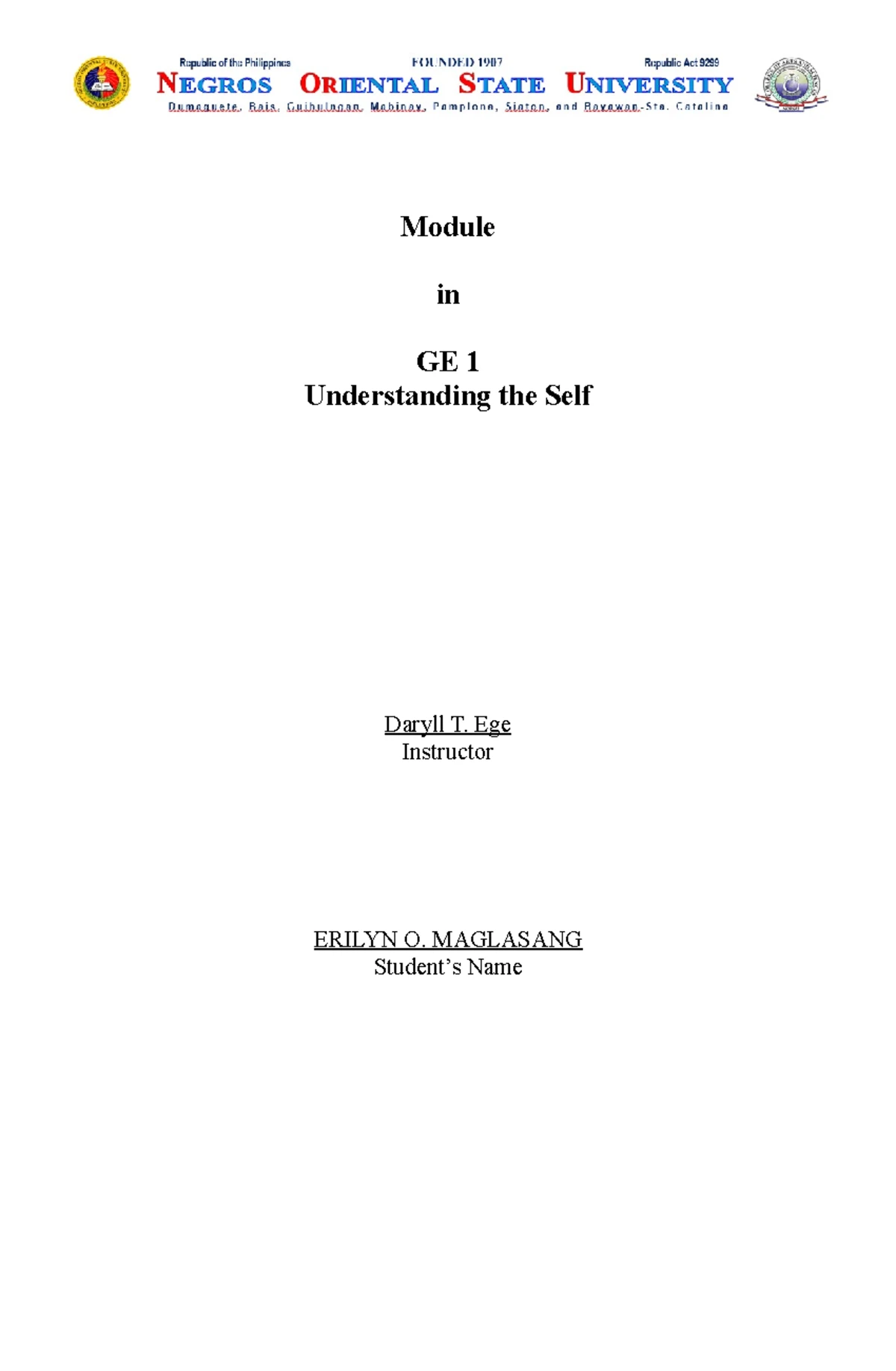 Module 1 of Understanding THE SELF - Module 1: Understanding the Self ...