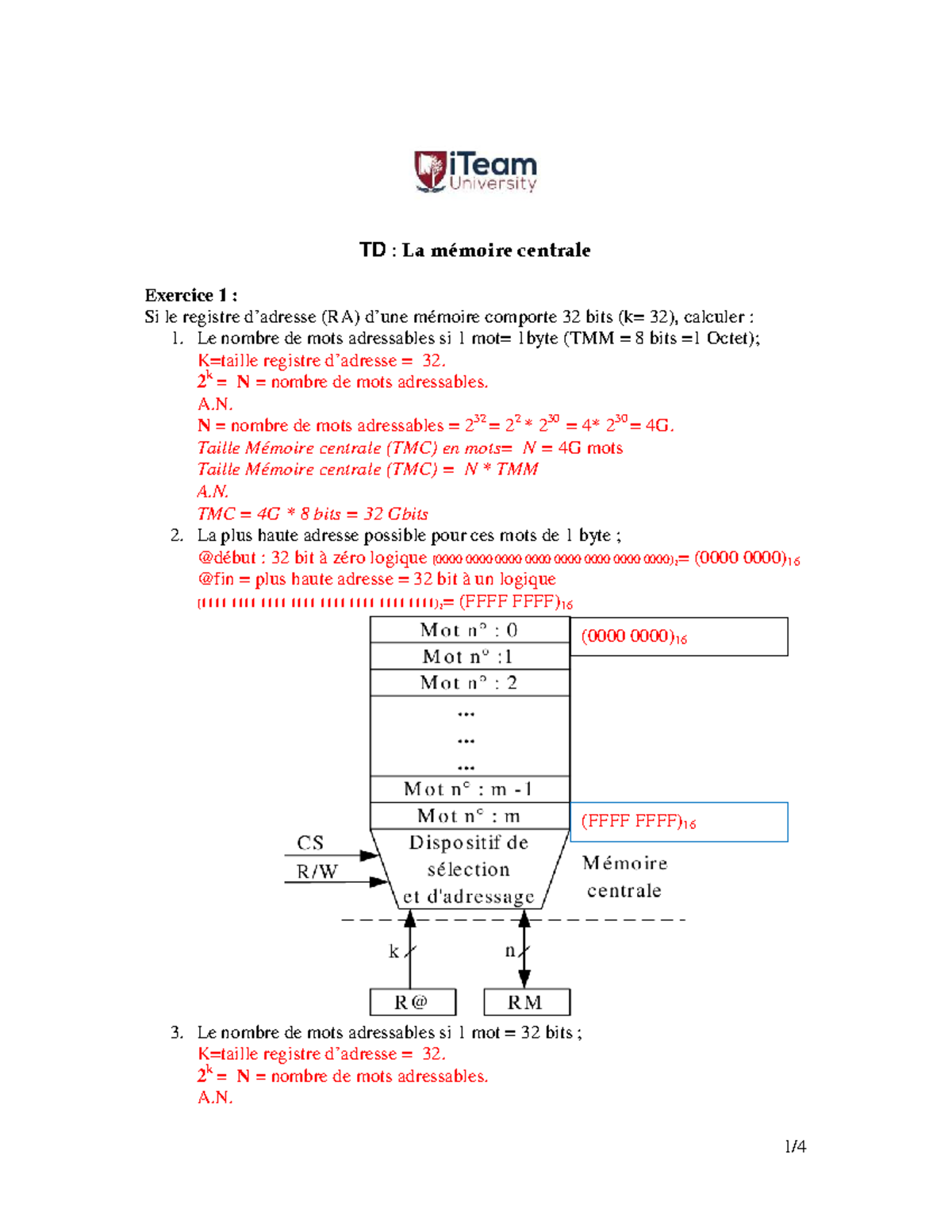 TD : Correction Exercice sur la Mémoire Centrale - Studocu