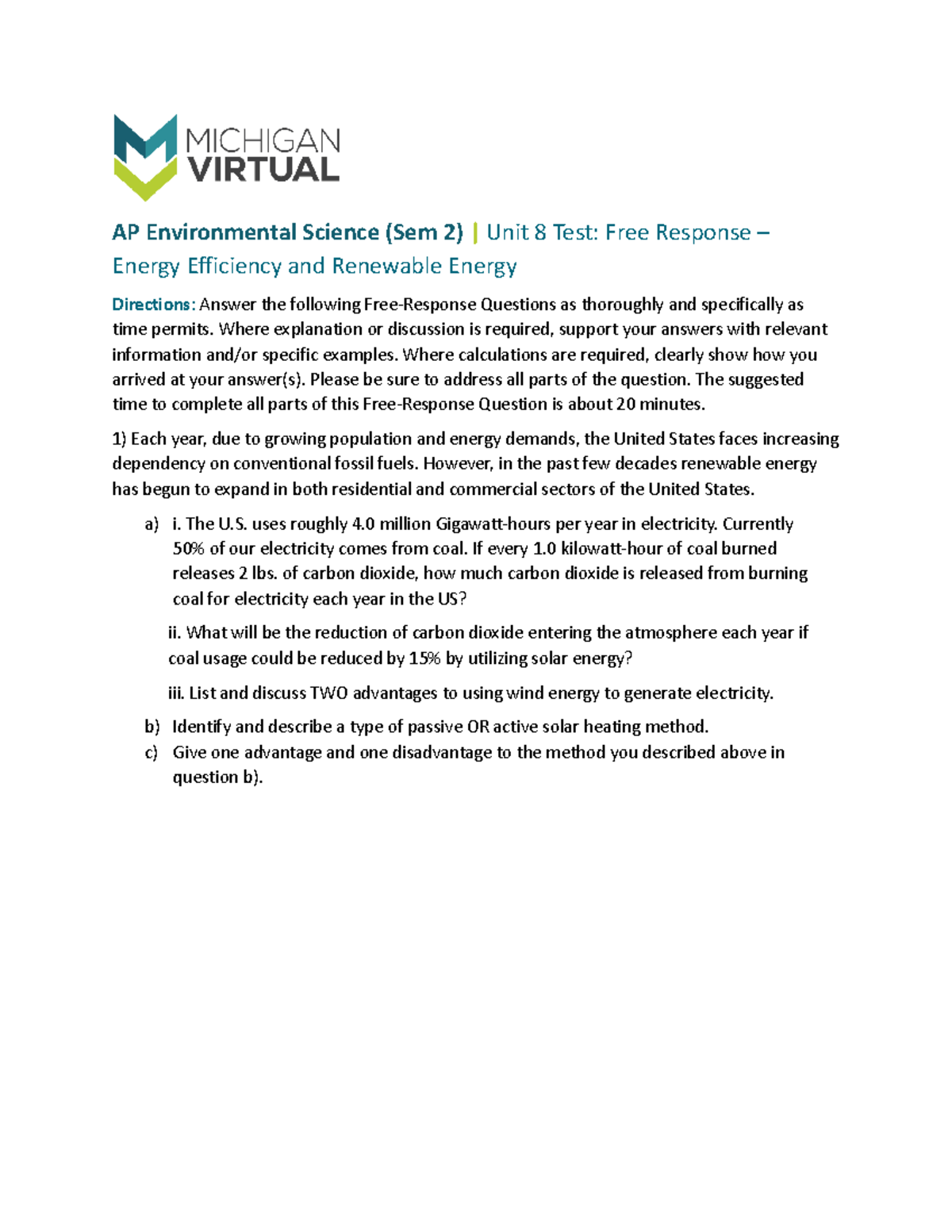 AP Environmental Science (Sem 2) | Unit 8 Test: Free Response on Energy ...