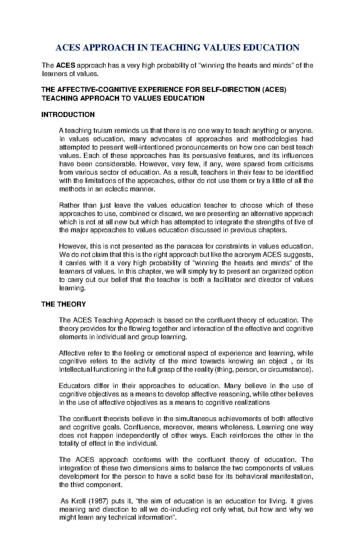 ACES Approach in Values Ed: Enhancing Cognitive and Affective Learning ...