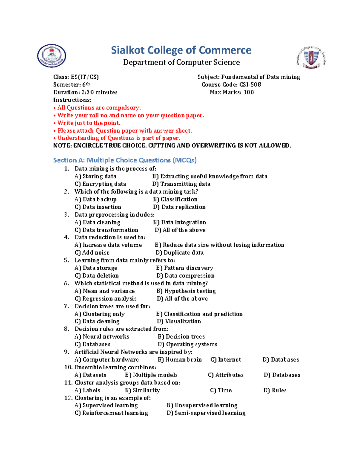 Data Mining MCQs - 6th Semester Exam Guide - Studocu