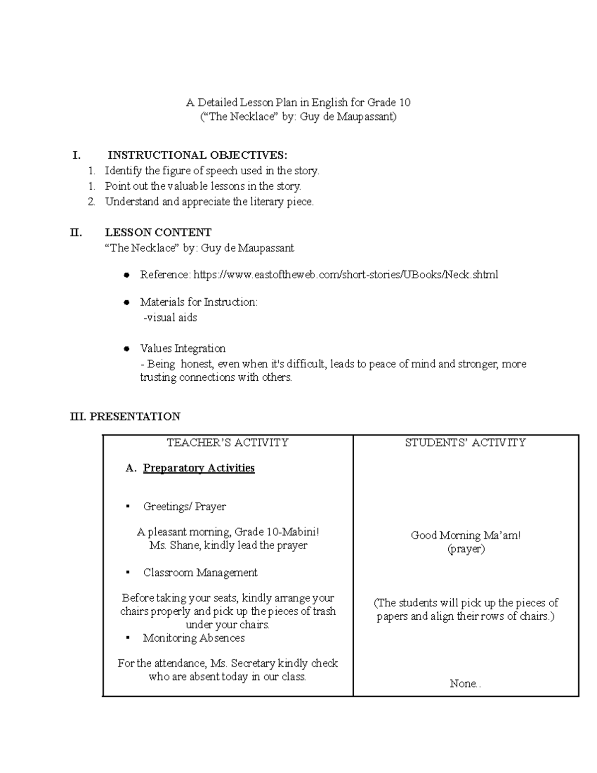 Detailed Lesson Plan: Guy de Maupassant for Grade 10 English - Studocu