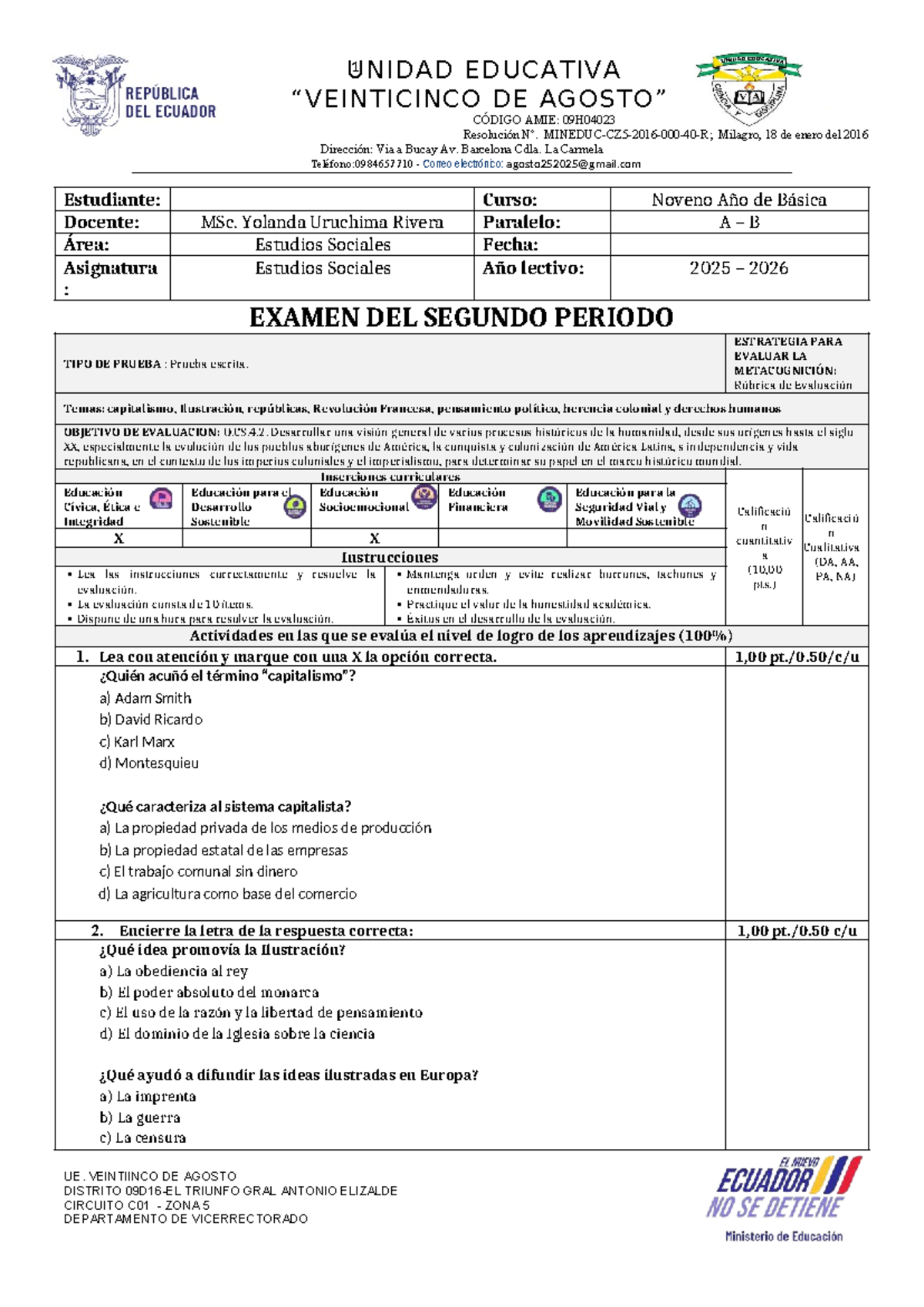 Evaluación del Segundo Período - EESS 09H04023 - Noveno Año - Studocu