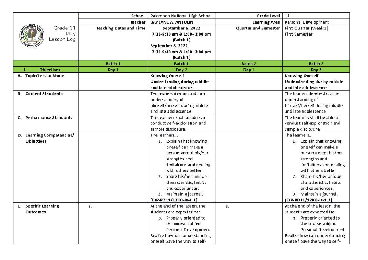 Grade 11 DLL - Personal Dev. Lesson Log for 1st Week - Studocu