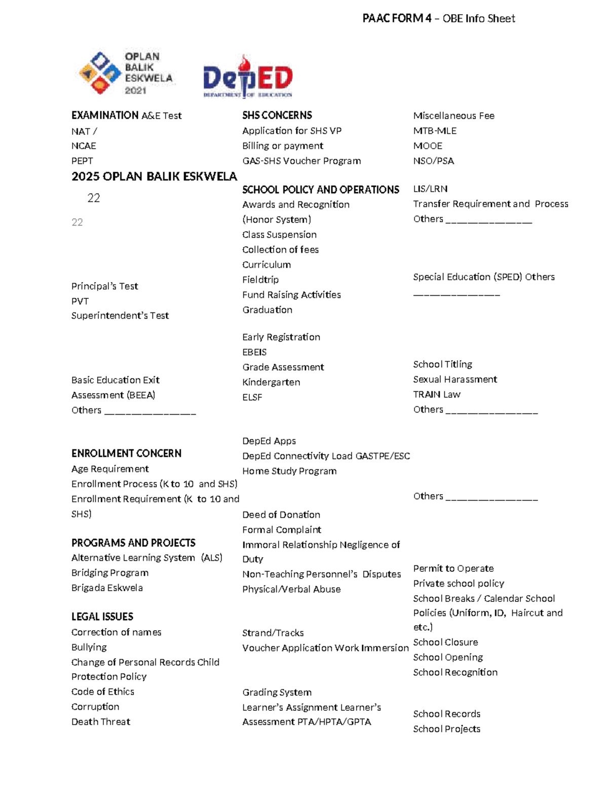 PAAC FORM 4 OBE Info Sheet: Examination & School Policy Overview 2022 ...