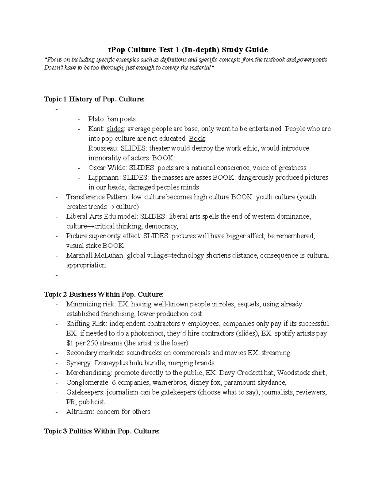 Pop Culture Test 1 Study Guide: History, Business & Politics - Studocu