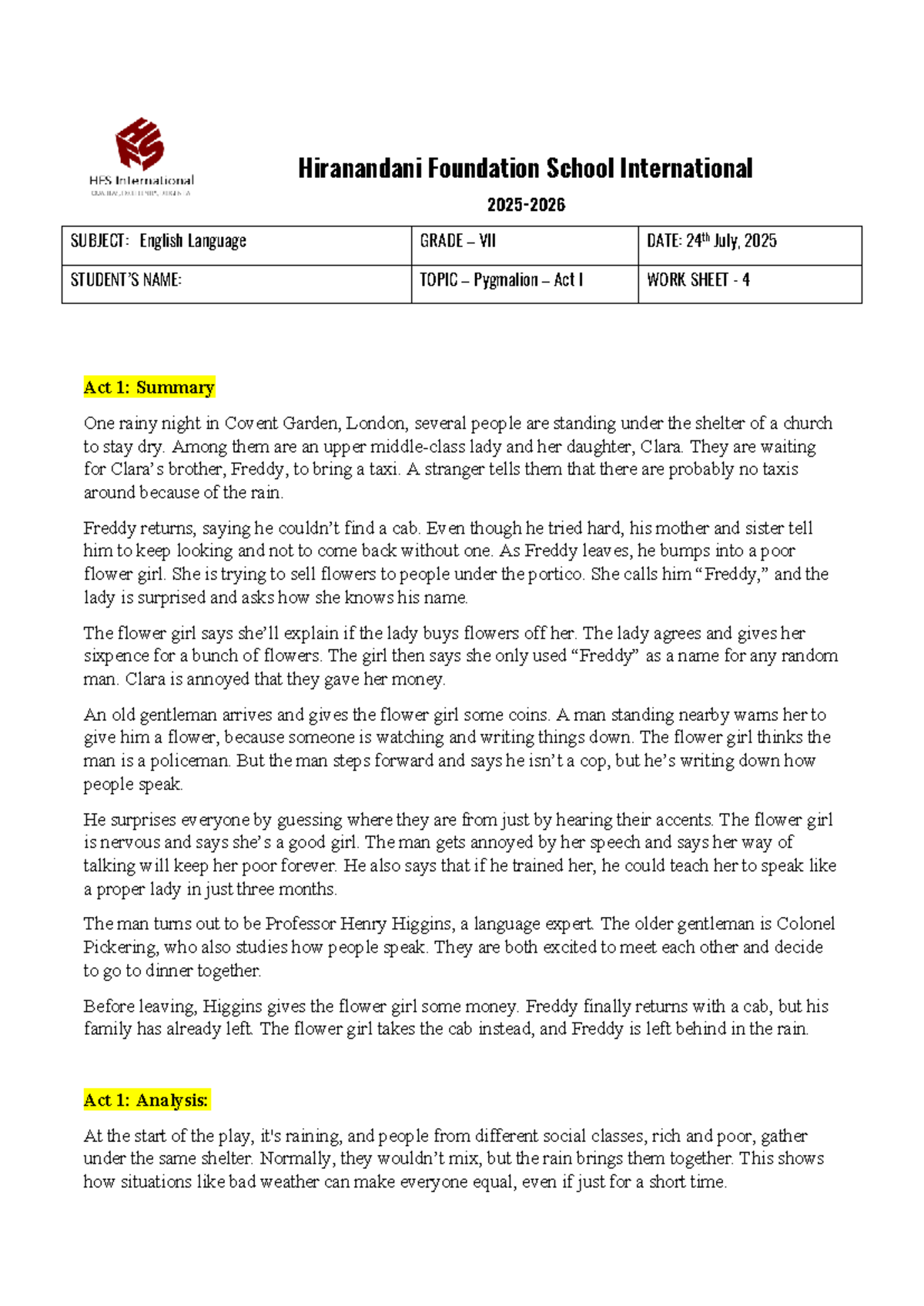 Eng Lit WS 4: Pygmalion Act I Summary & Analysis - Studocu