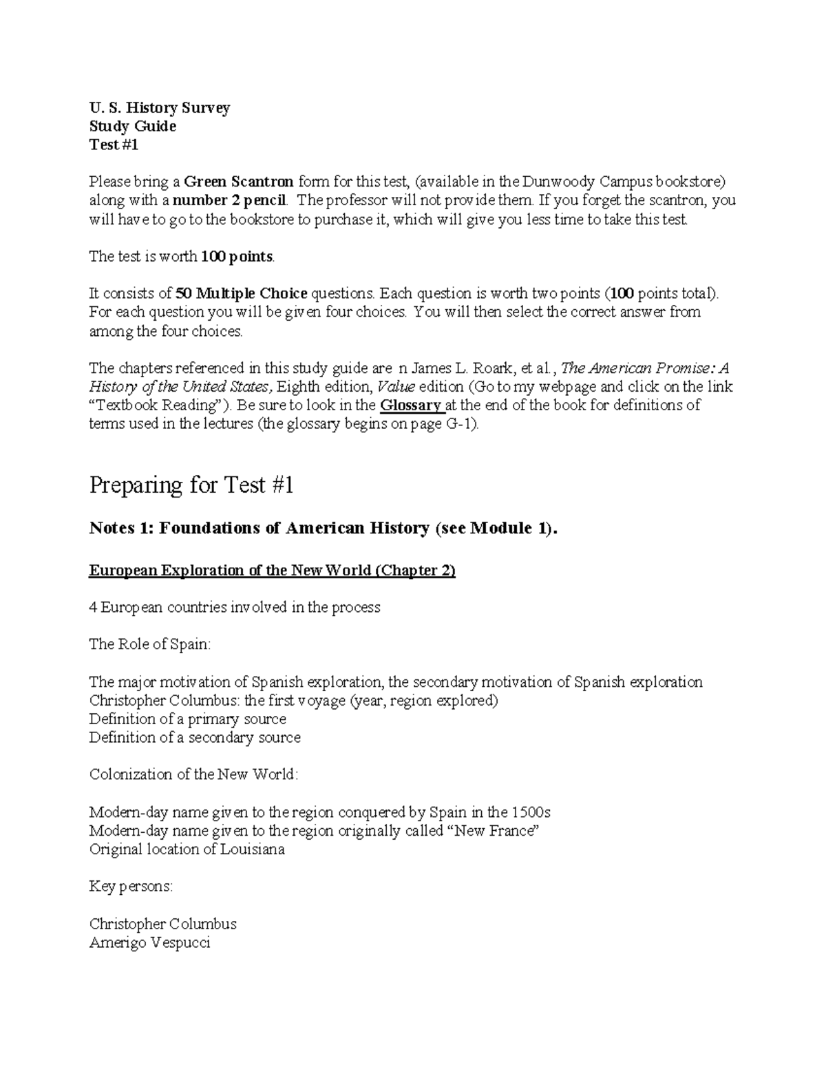 US-Survey-Study-Guide-Test-1 Fall 2022-3 - U. S. History Survey Study ...