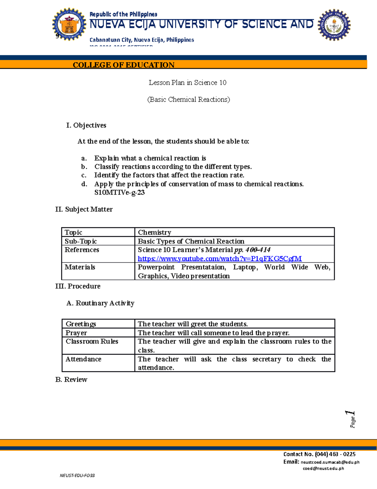 Science 10 Lesson Plan: Understanding Basic Chemical Reactions - Studocu