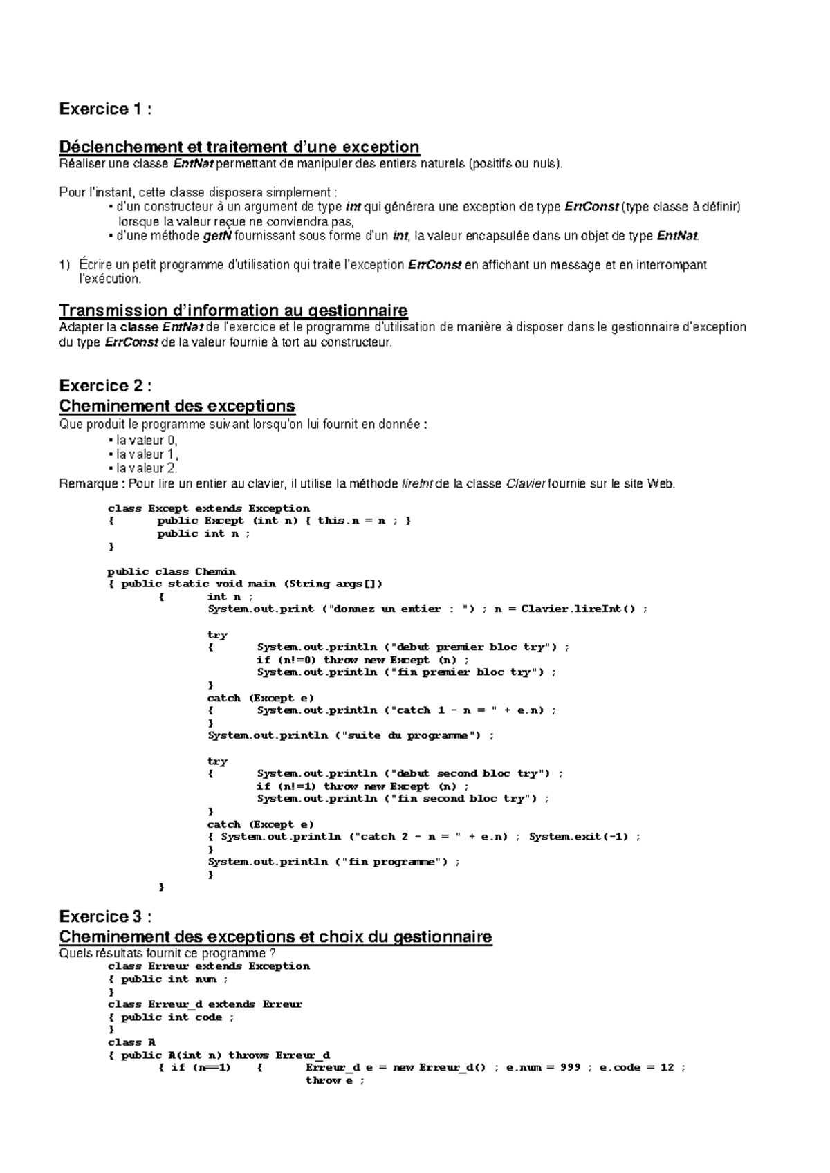 Exercices sur le traitement des exceptions en Java - Studocu