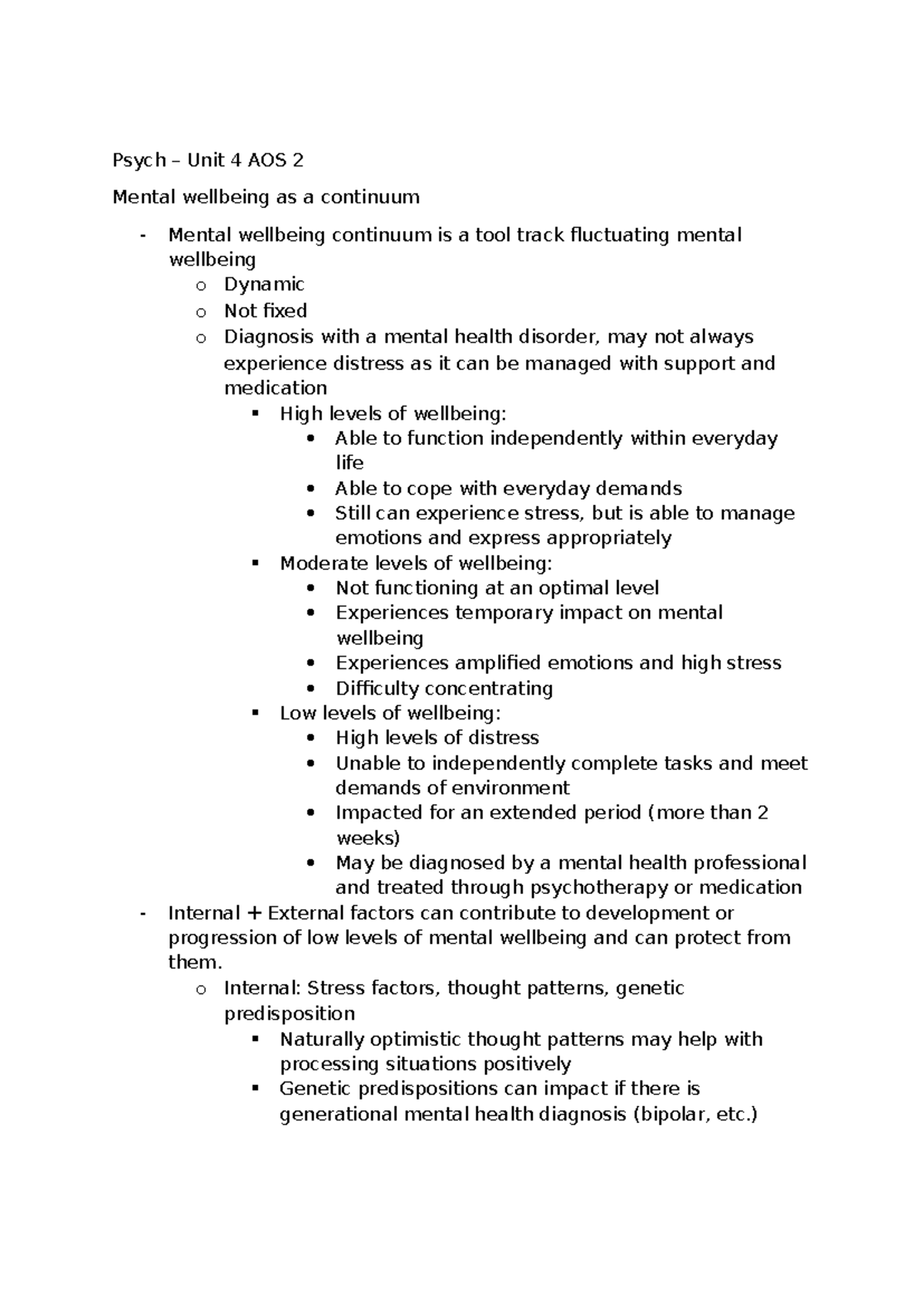 Psych Unit 4 AOS 2 Mental Wellbeing Continuum Overview - Studocu