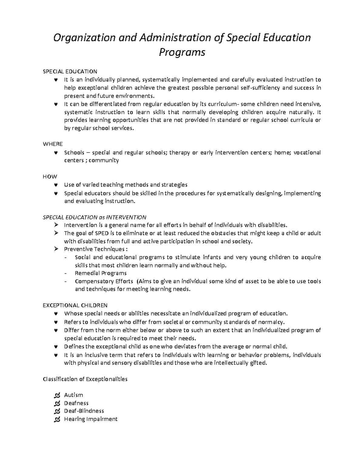 SPED 1: Organization and Admin of Special Education Programs - Studocu