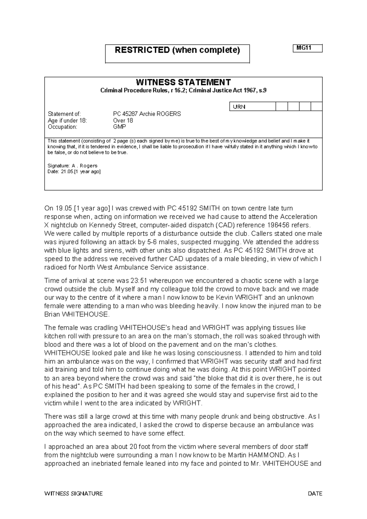 MG11 Witness Statement - Incident at Acceleration X Nightclub - Studocu