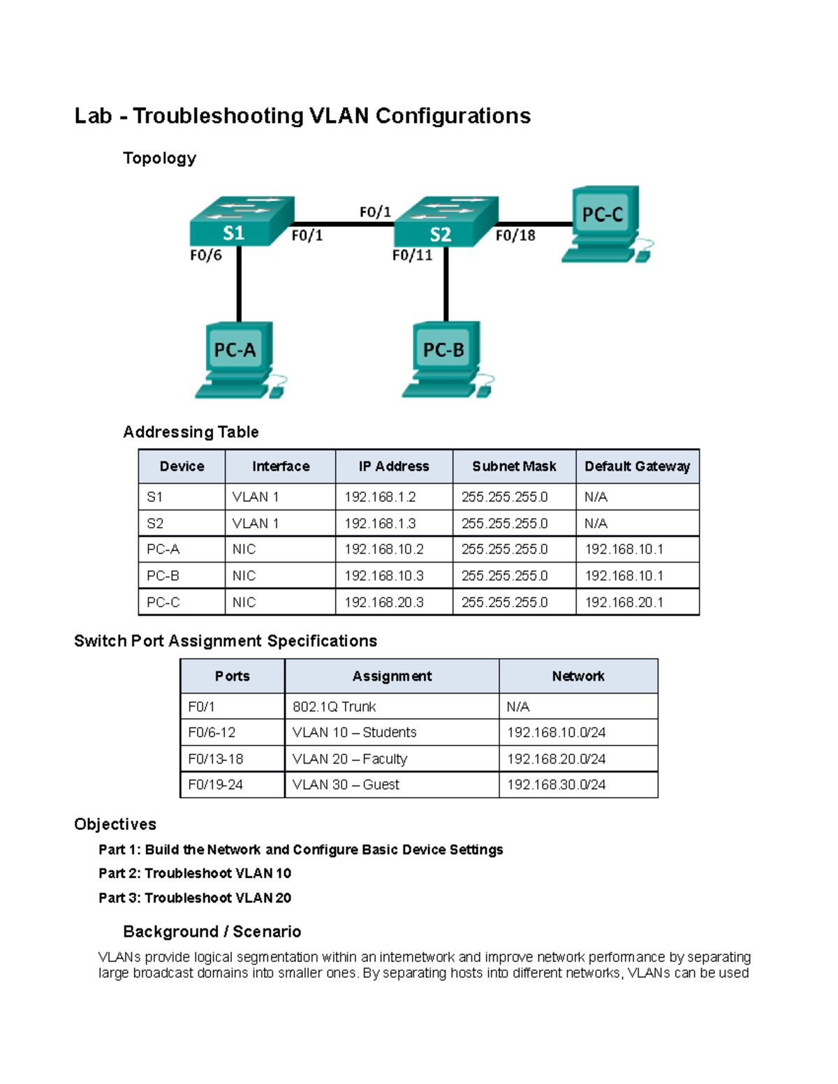 3.2.4.9 Lab - Troubleshooting VLAN Configurations - Topology Addressing ...