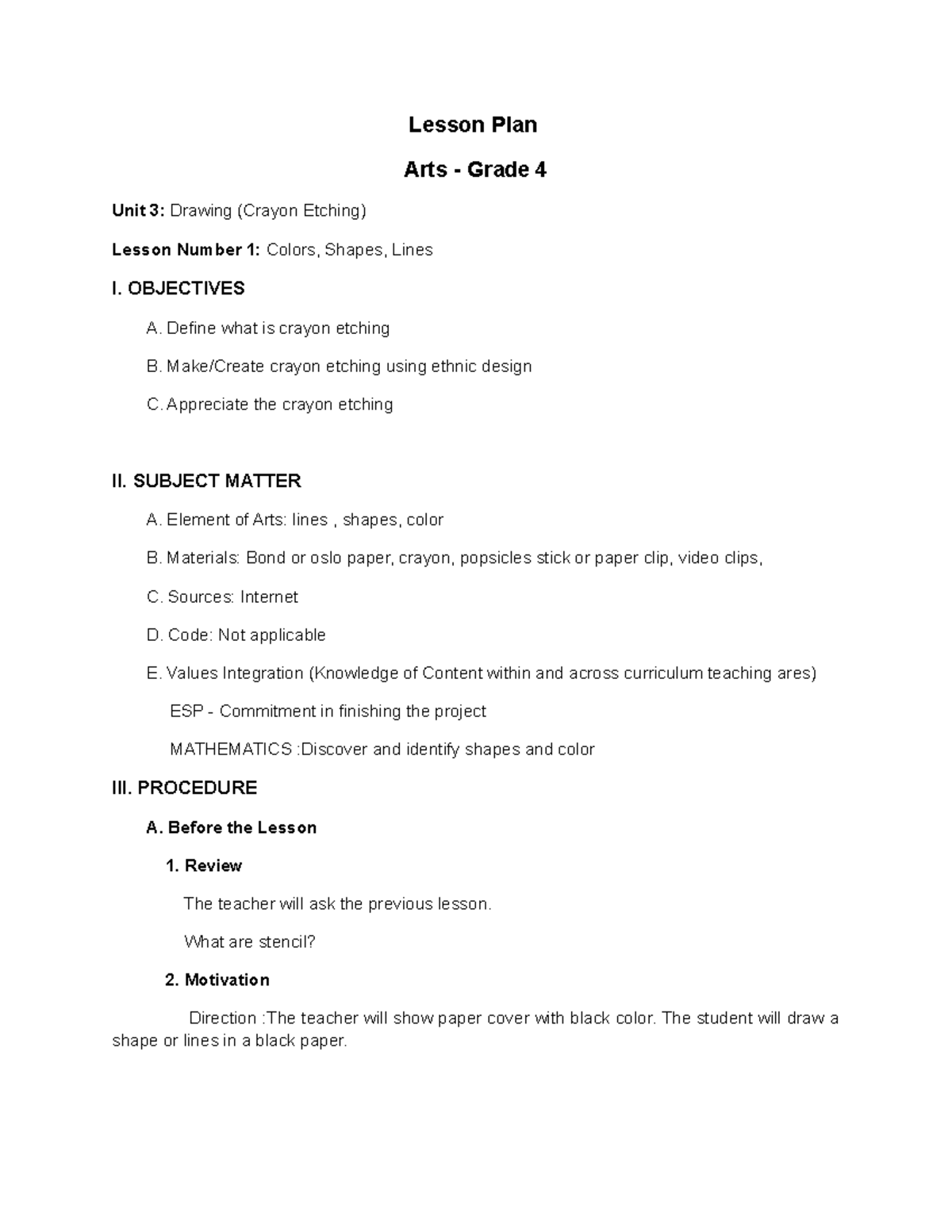 Grade 4 Arts Lesson Plan: Crayon Etching Techniques & Evaluation - Studocu