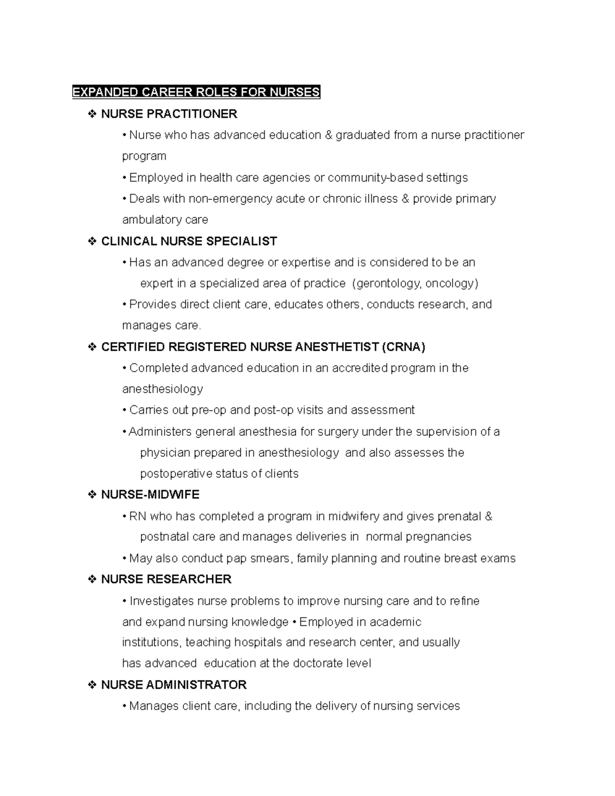 Expanded Career Roles for Nurses: A Comprehensive Overview - Studocu