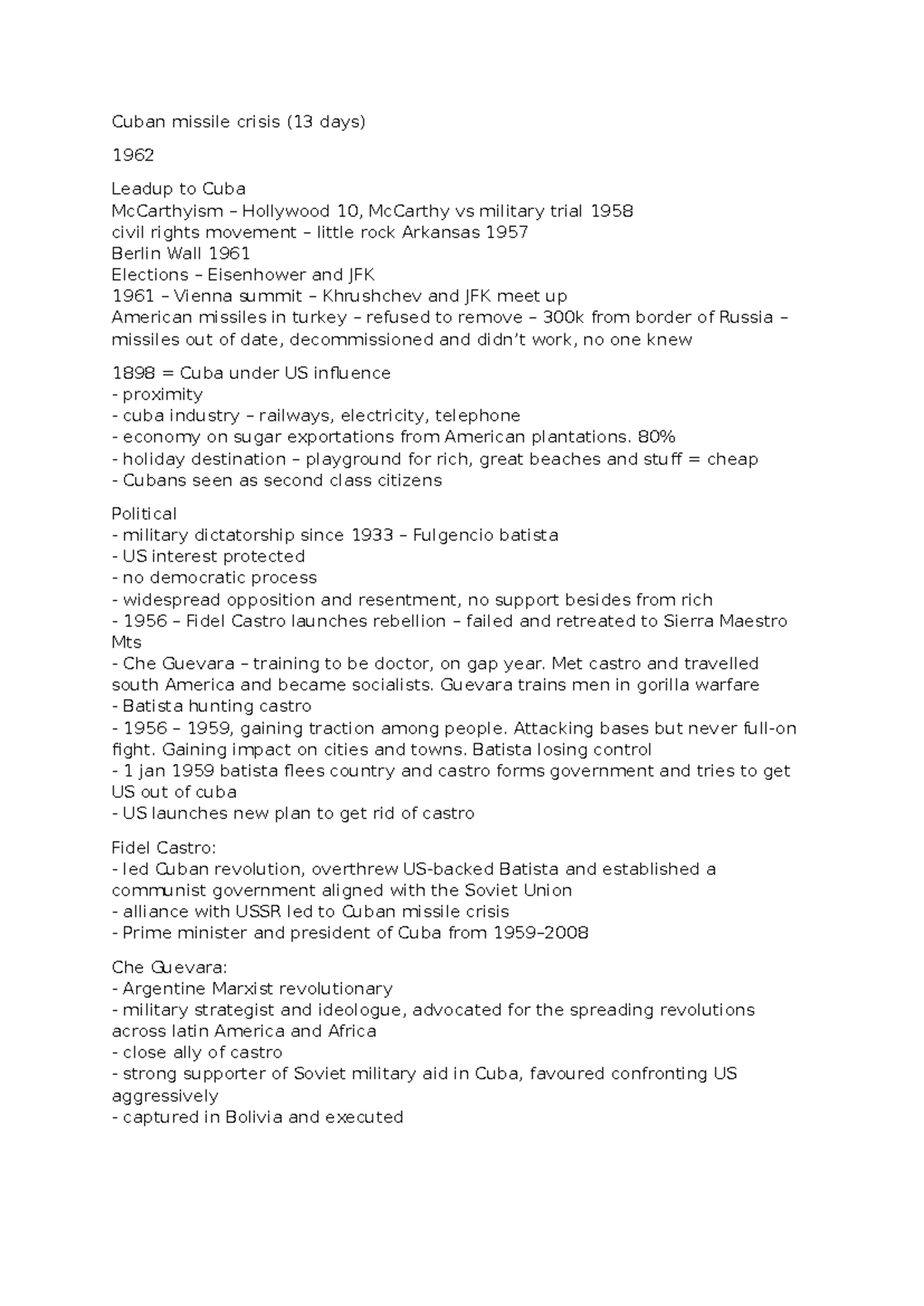 Cuban Missile Crisis Notes: Key Events & Figures (HIST 101) - Studocu