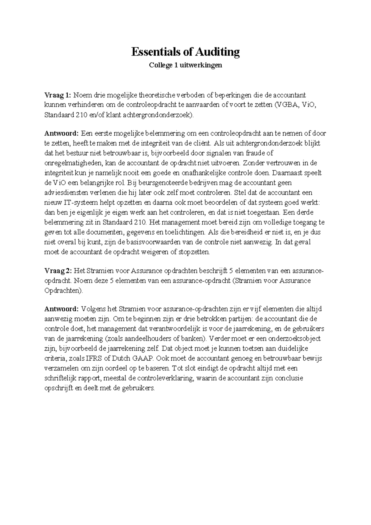 Essentials of Auditing College 1: Uitwerkingen en Beperkingen - Studeersnel