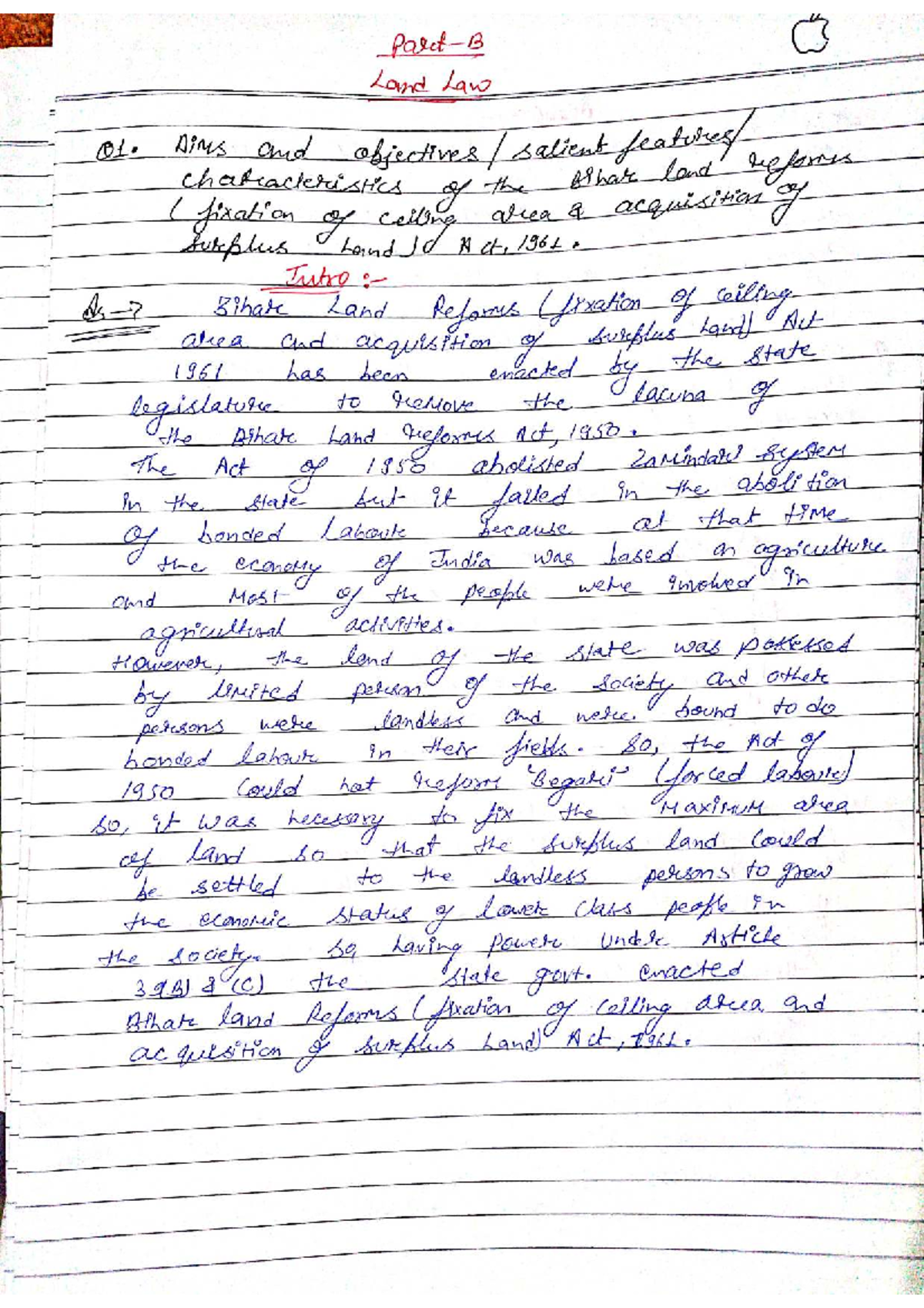 Q.1 LL Part-B: Bihar Land Reform Act 1961 - Ceiling Area Acquisition ...