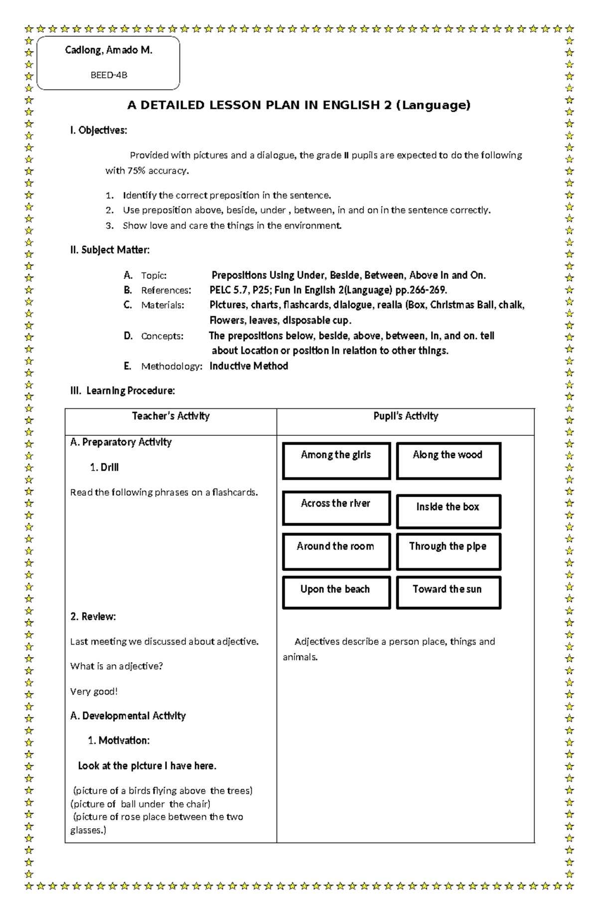 DLP ENG 2 - Comprehensive Lesson Plan on Prepositions for Grade II ...