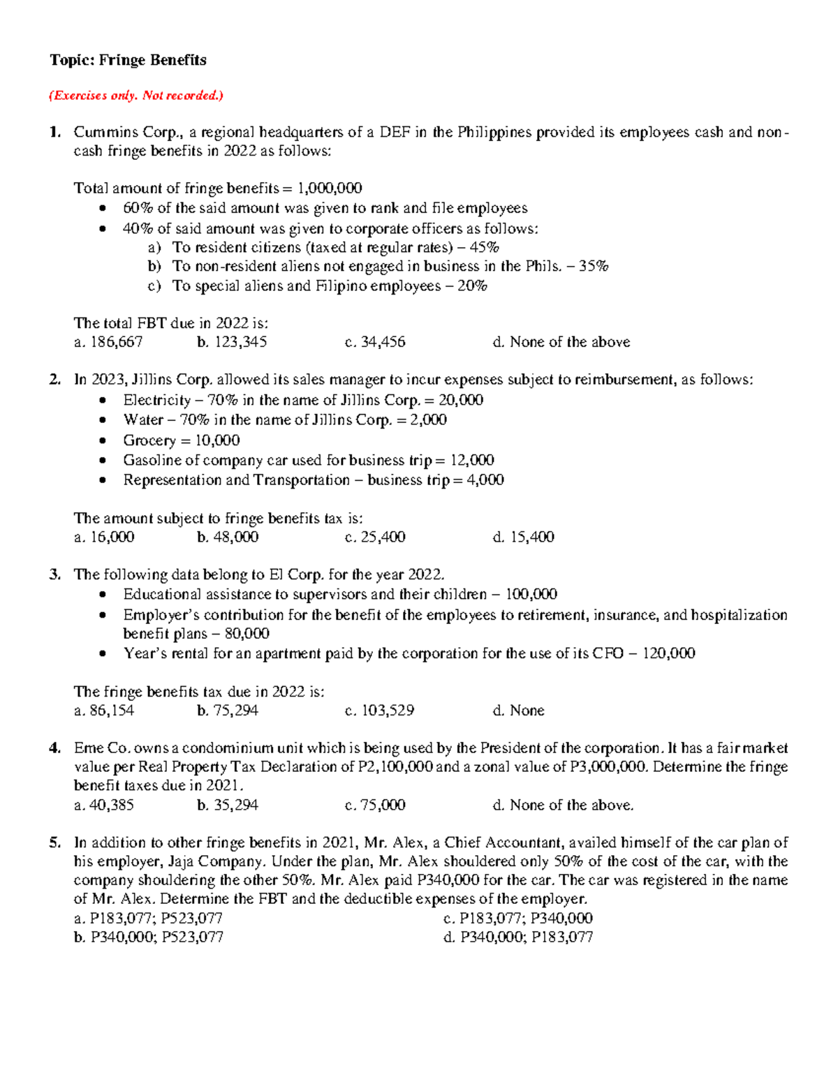 Fringe Benefits Exercises (2022-2023) - Tax Calculations and Scenarios - Studocu
