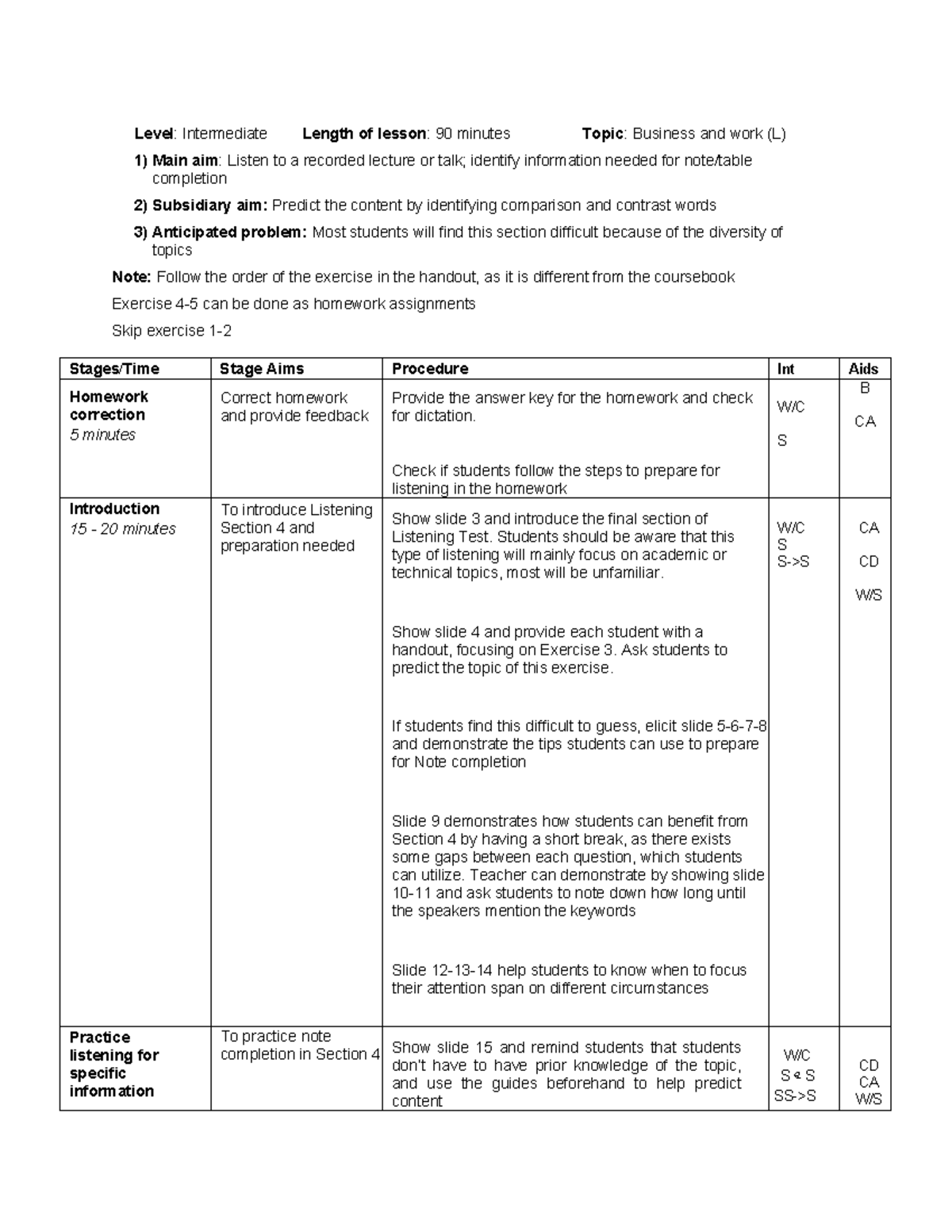 Lesson Plan: Business & Work (L) - Intermediate Level (90 min) - Studocu
