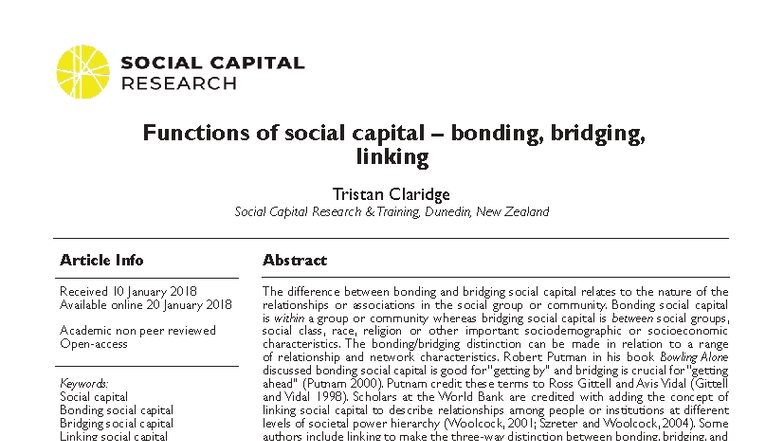 Functions of Social Capital: Bonding, Bridging, and Linking (2018 ...