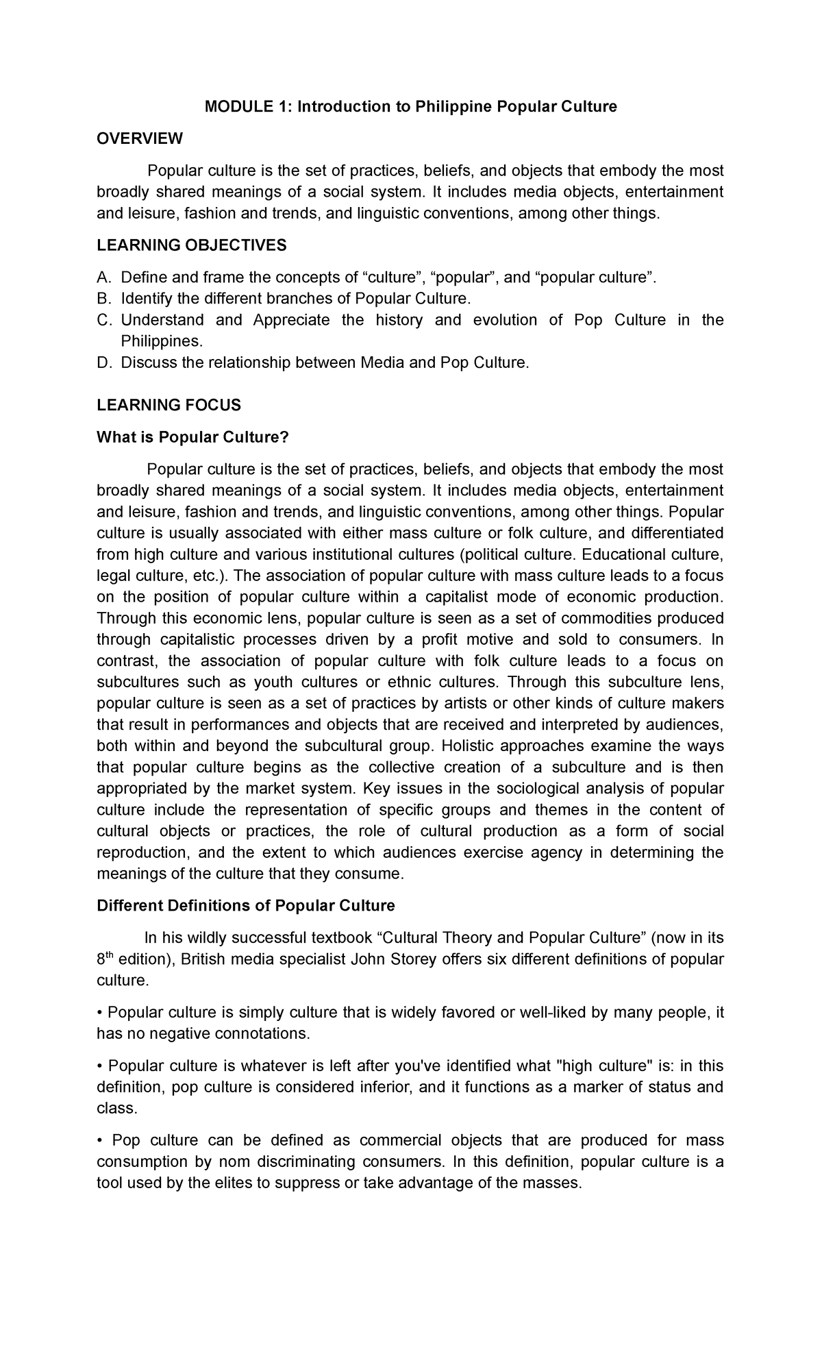 Philippine Popular Culture: Module 1 Overview and Historical Context ...