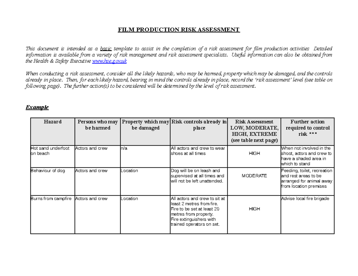 FILM PRODUCTION RISK ASSESSMENT TEMPLATE - SAT 2023 - Studocu
