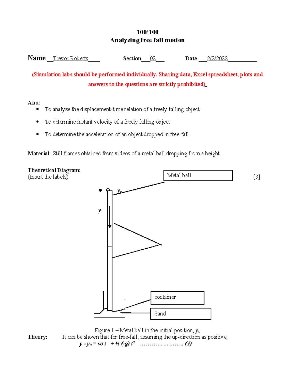 Physics 2022 Lab 2: Analyzing Free Fall Motion Experiment - Studocu