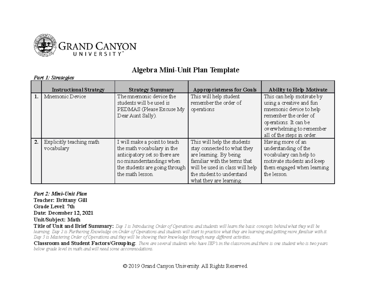 Algebra Unit Plan - Order of Operations Strategies (Coursework) - Studocu
