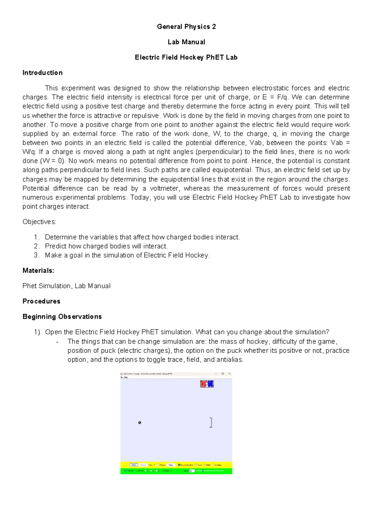 Lab Report 2 - PHYS 314: Electric Field Hockey PhET Lab - Studocu