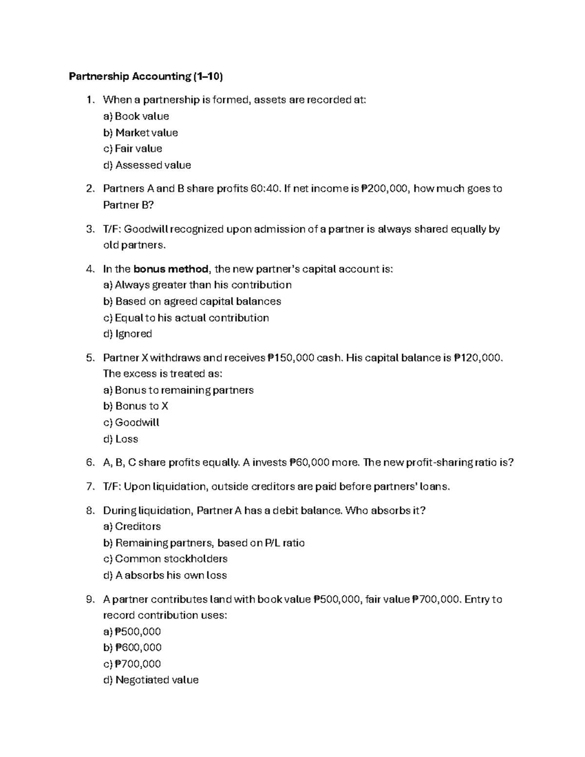 Partnership Accounting Test Bank: Key Concepts & Questions - Studocu