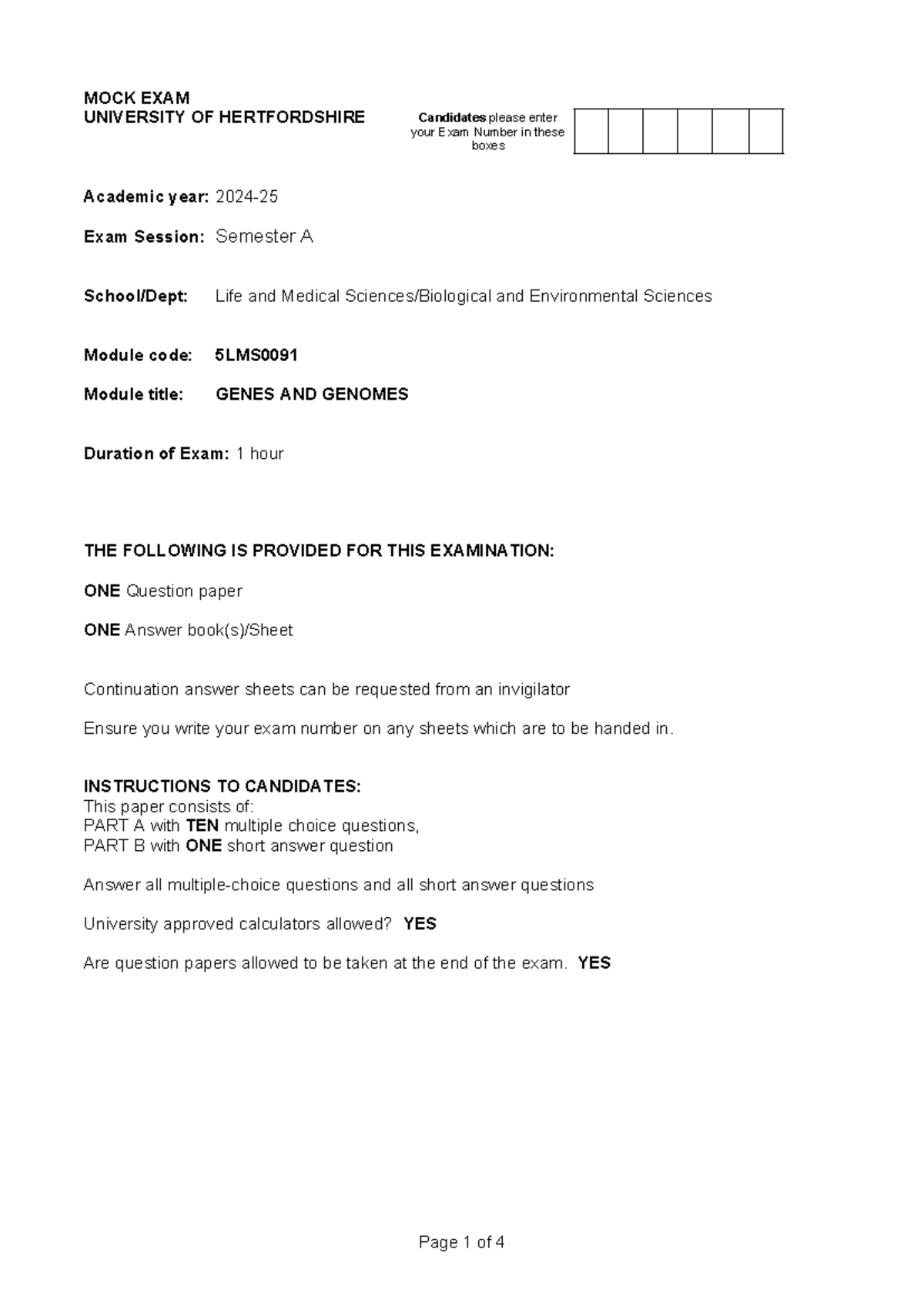 Mock Exam 5LMS0091: Genes and Genomes - Semester A - Studocu