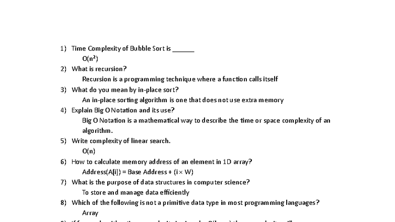 DS MCQS - Done - Time Complexity of Bubble Sort is ______ O(n²) What is ...