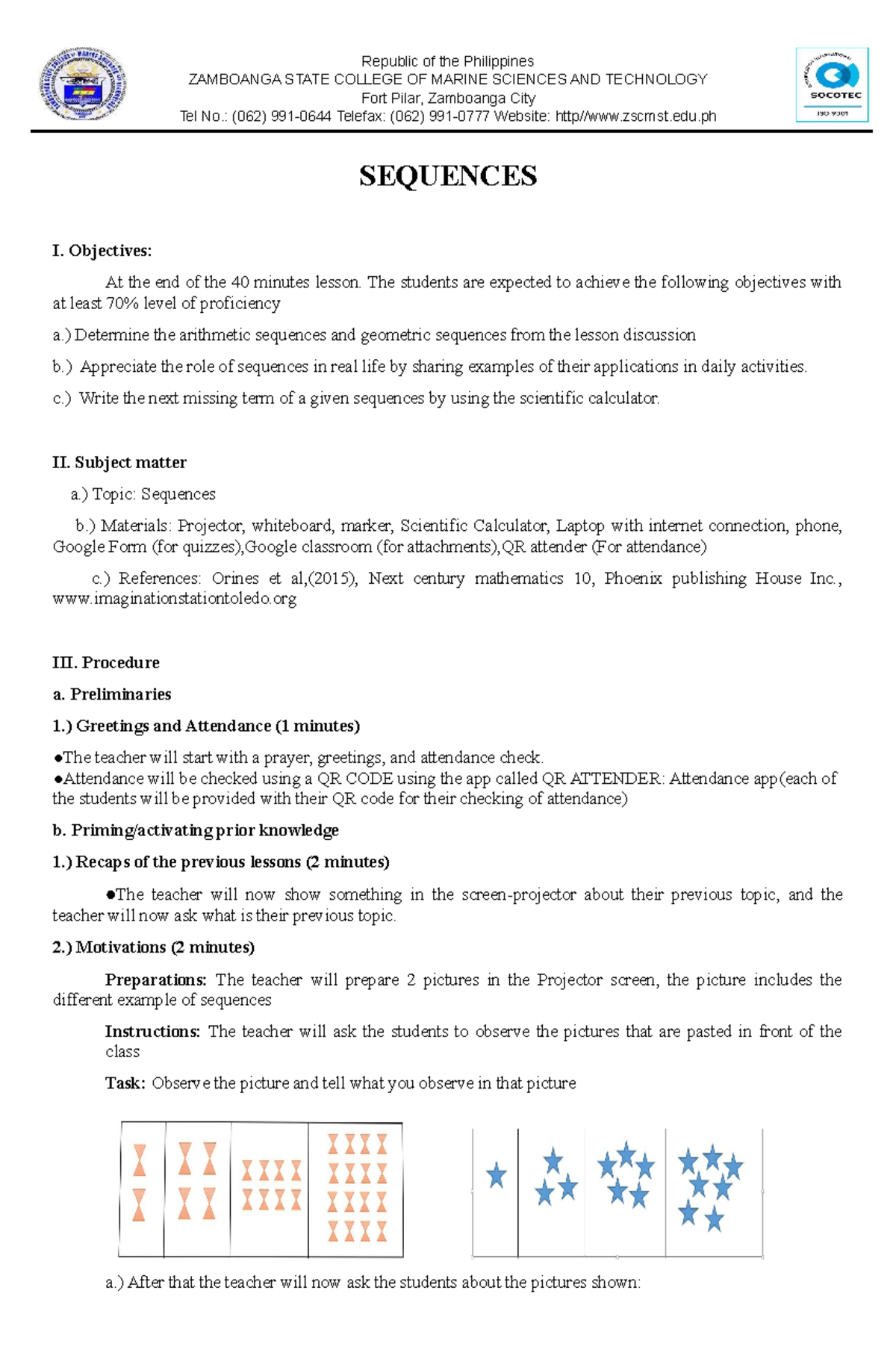 Sequences - ICT Integrated Lesson Plan and Activities - Studocu