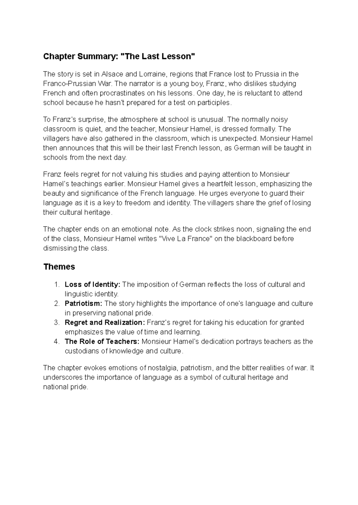 Last Lesson Chapter Overview: Themes & Summary Analysis - Studocu
