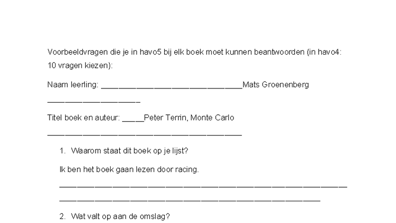 Boekverslag over "Monte Carlo" door Peter Terrin - Havo 5 - Studeersnel