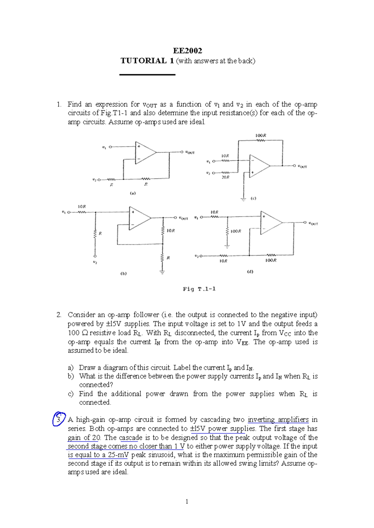 Tutorial 1 - EE TUTORIAL 1 (with answers at the back) Find an expression for v OUT as a function ...