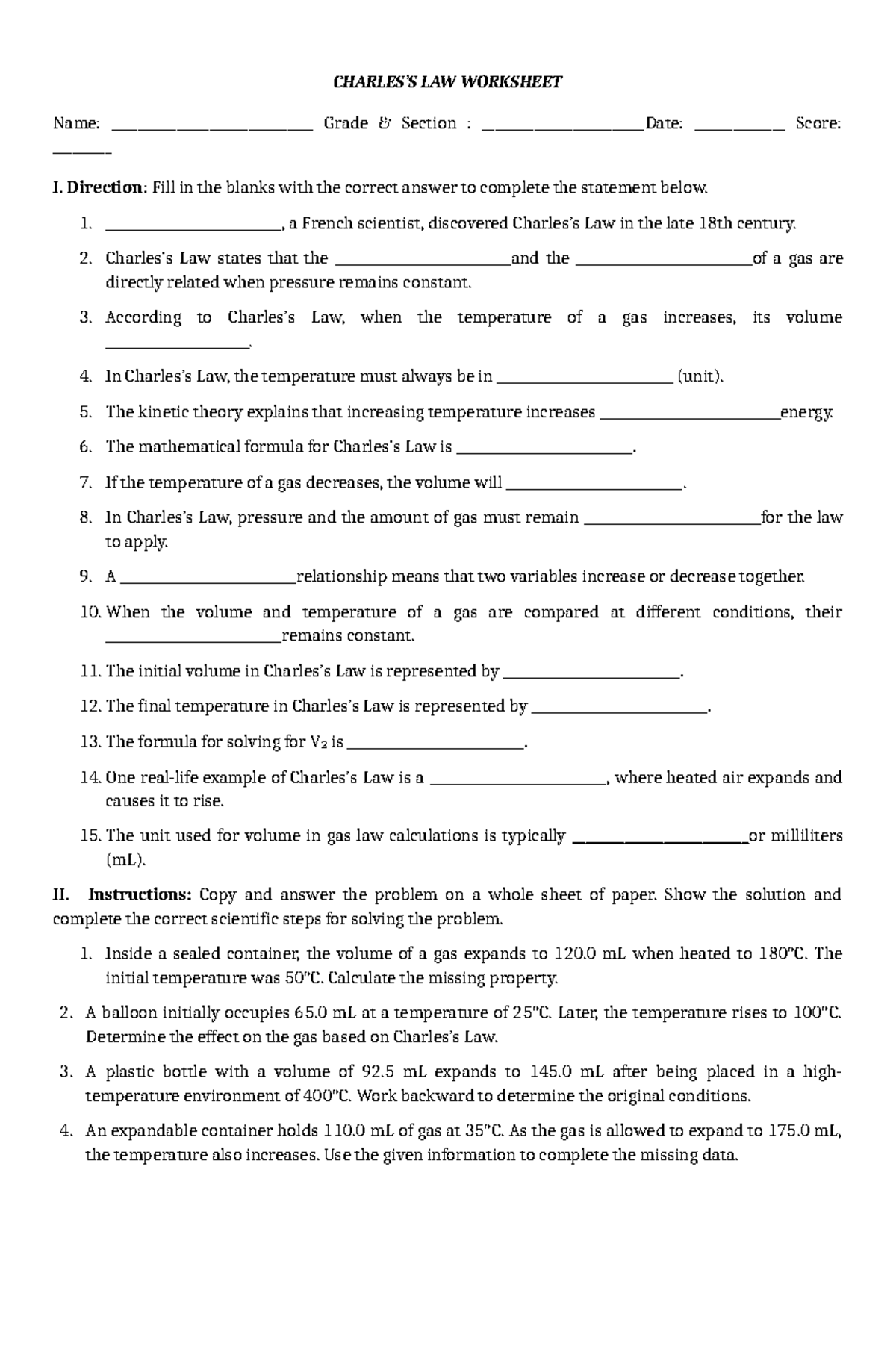 G10 WEEK 2 Assessment - Worksheet to practice. - CHARLES’S LAW ...