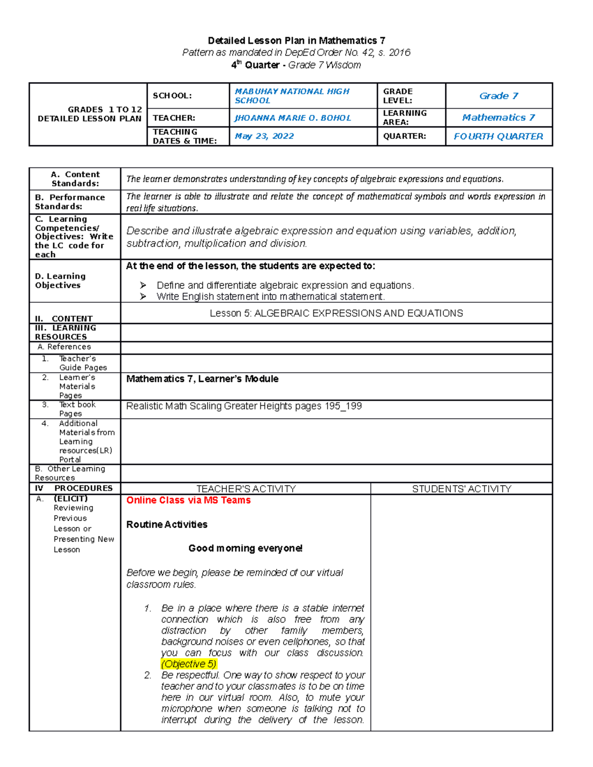 CO1- Algebraic Statements - Detailed Lesson Plan in Mathematics 7 Pattern as mandated in DepEd ...