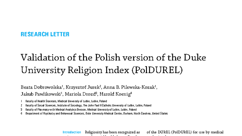 PolDUREL Validation Study: Polish Version of Duke University Religion ...
