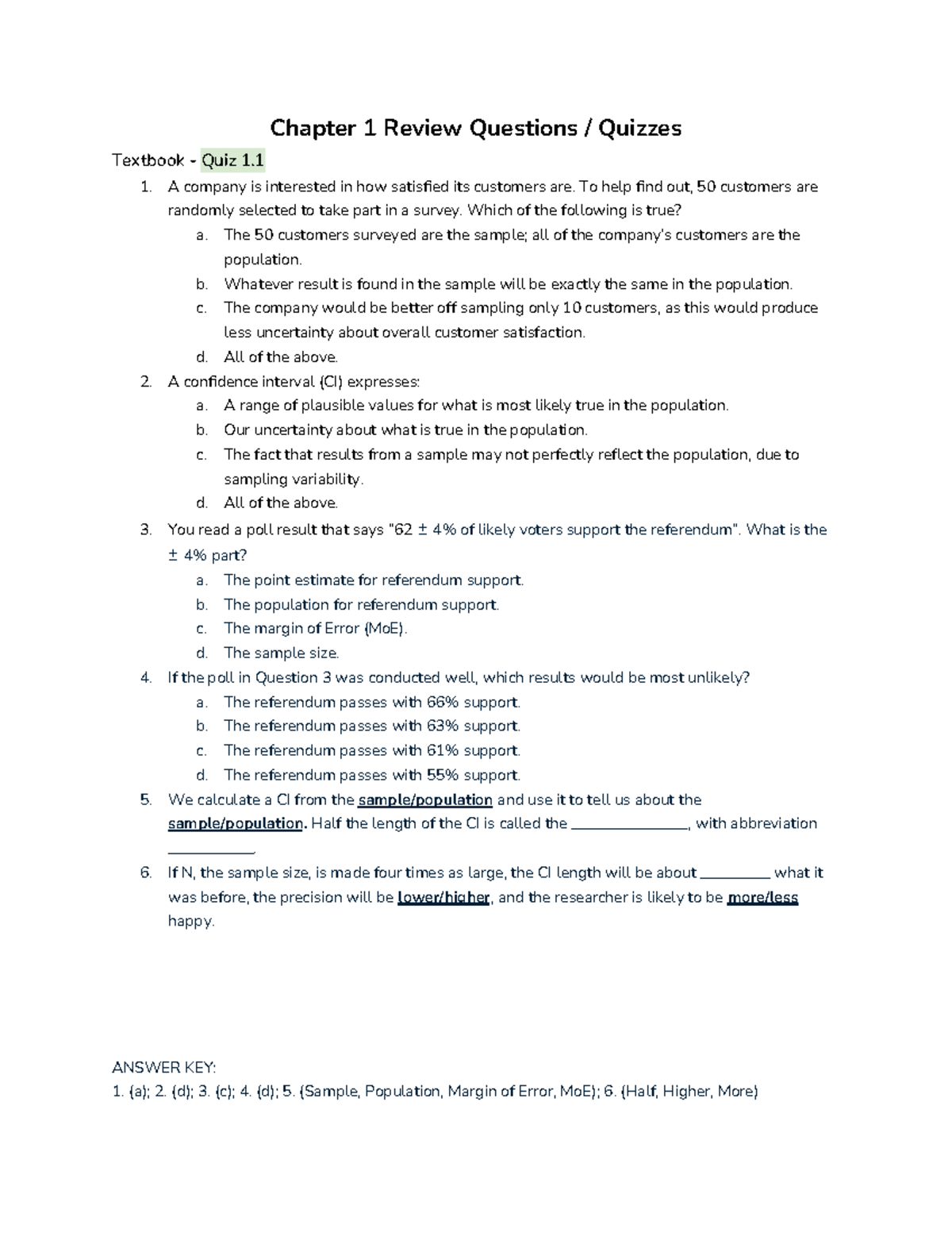 Chapter 1 Review Questions: Quiz on Customer Satisfaction & CI - Studocu