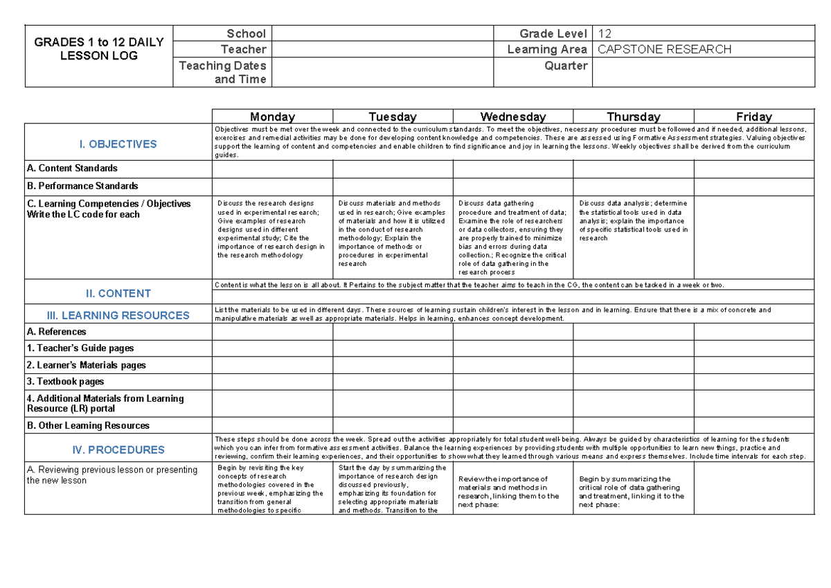 Daily Lesson Log for Grade 12: Capstone Research Activities - Studocu