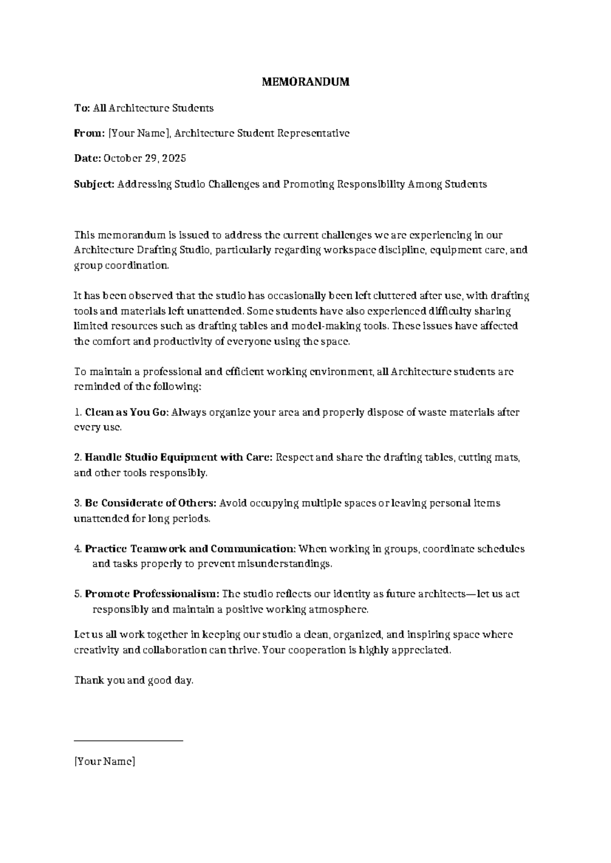 Memorandum: Addressing Studio Challenges for Arch Students - Studocu